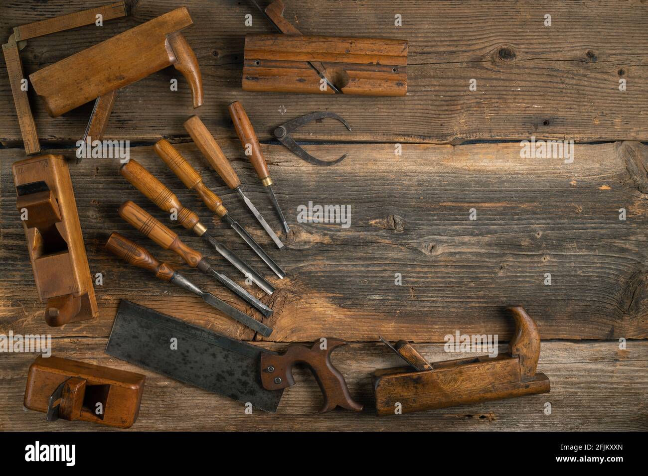 Joinery tools on wood table background with copy space Stock Photo - Alamy