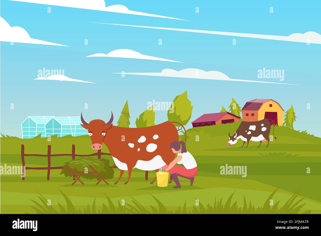 Milkmaid farmer flat composition with outdoor landscape farm buildings ...