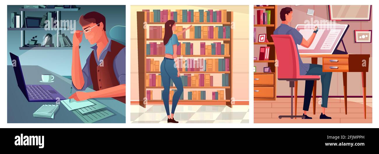 Flat set of compositions with writer and illustrator at their work ...