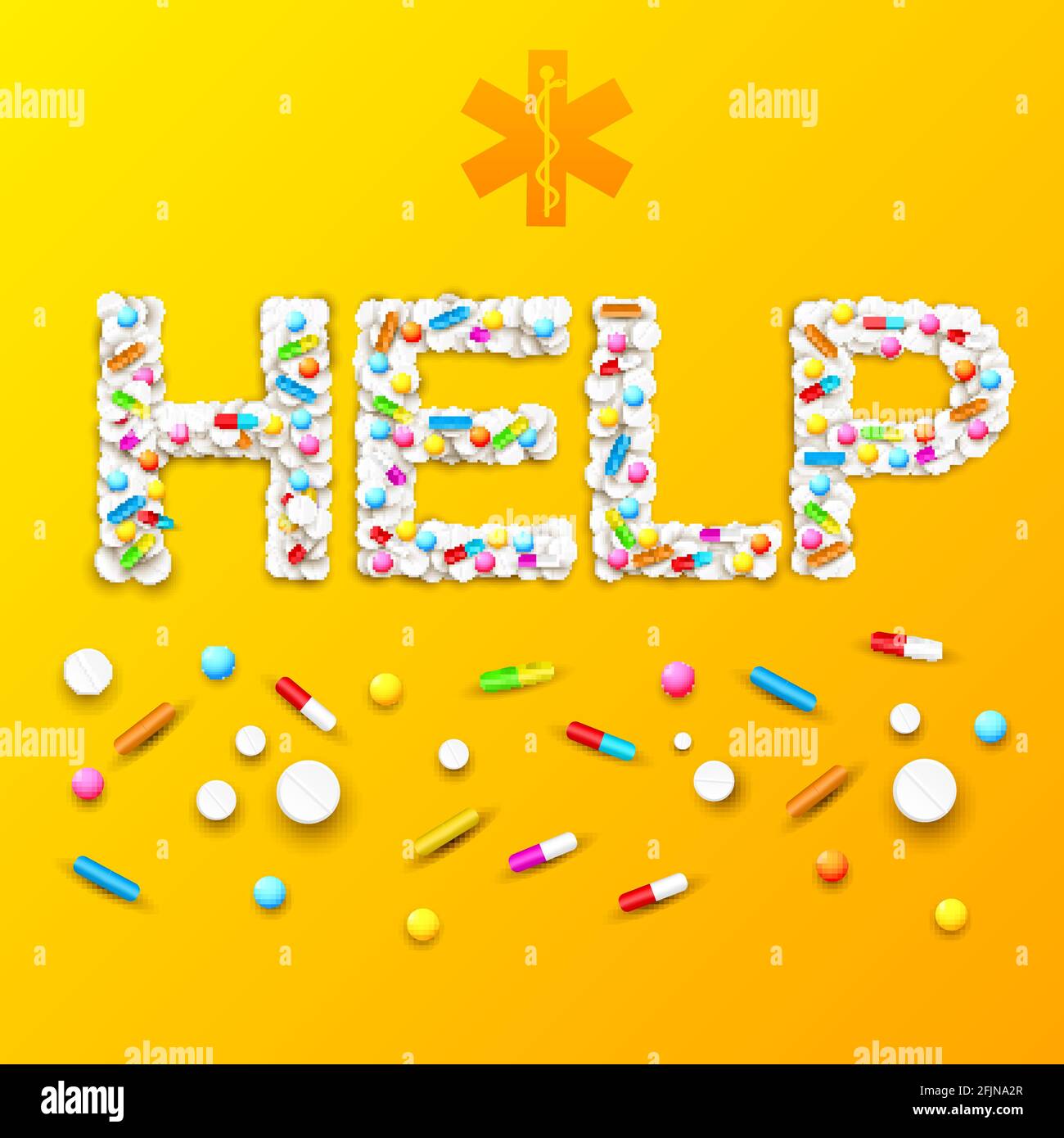 Pharmaceutical medical poster with pills and drugs in shape of Help ...