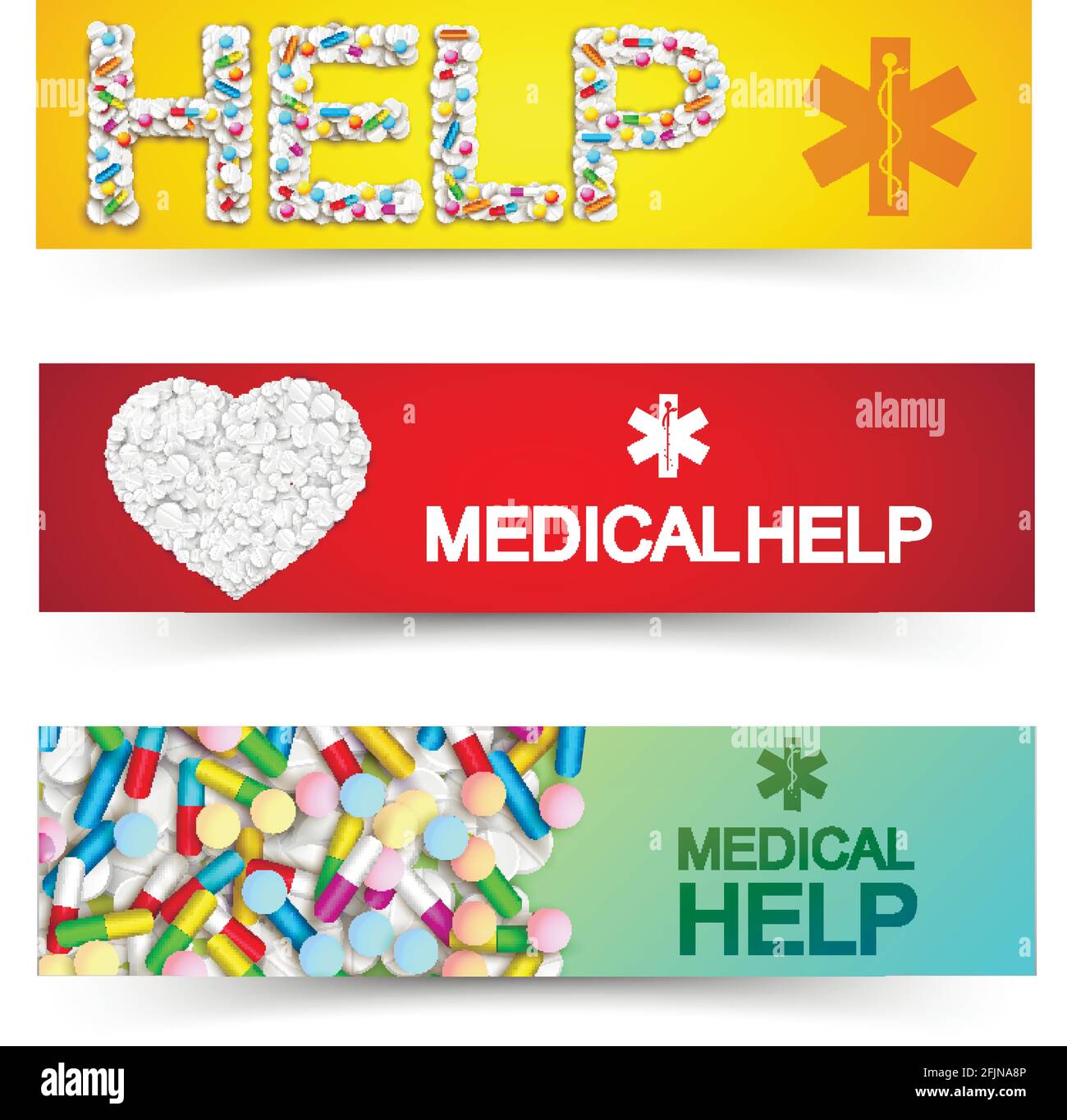 Light medical help horizontal banners with colorful capsules drugs ...