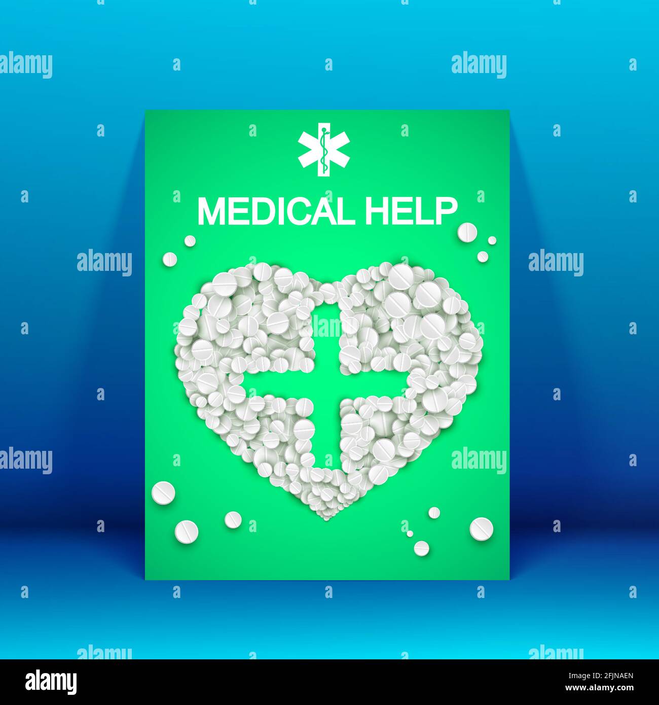 Medical help green brochure with white pills drugs tablets in heart ...