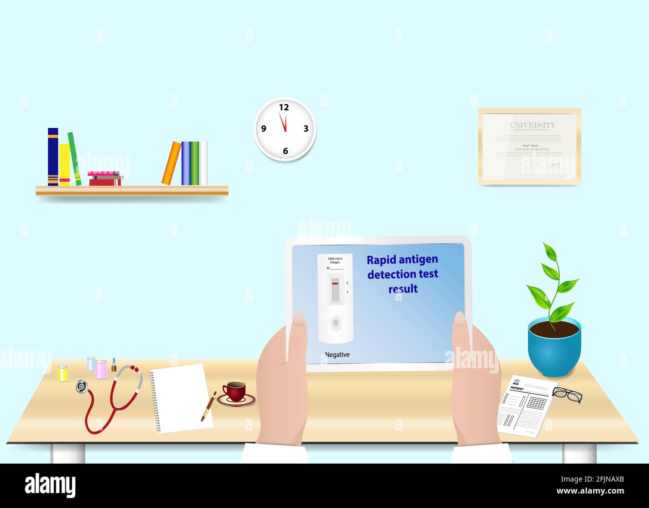 Doctor is reading about rapid antigen tests in tablet Stock Vector ...