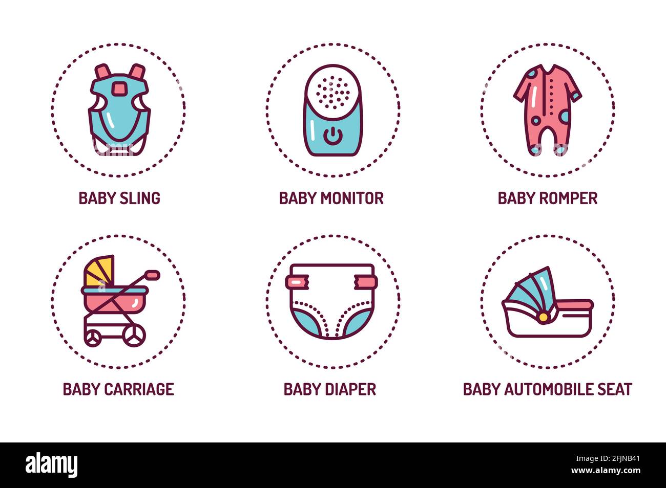 Kids products color line icons set. Isolated vector element. Outline ...