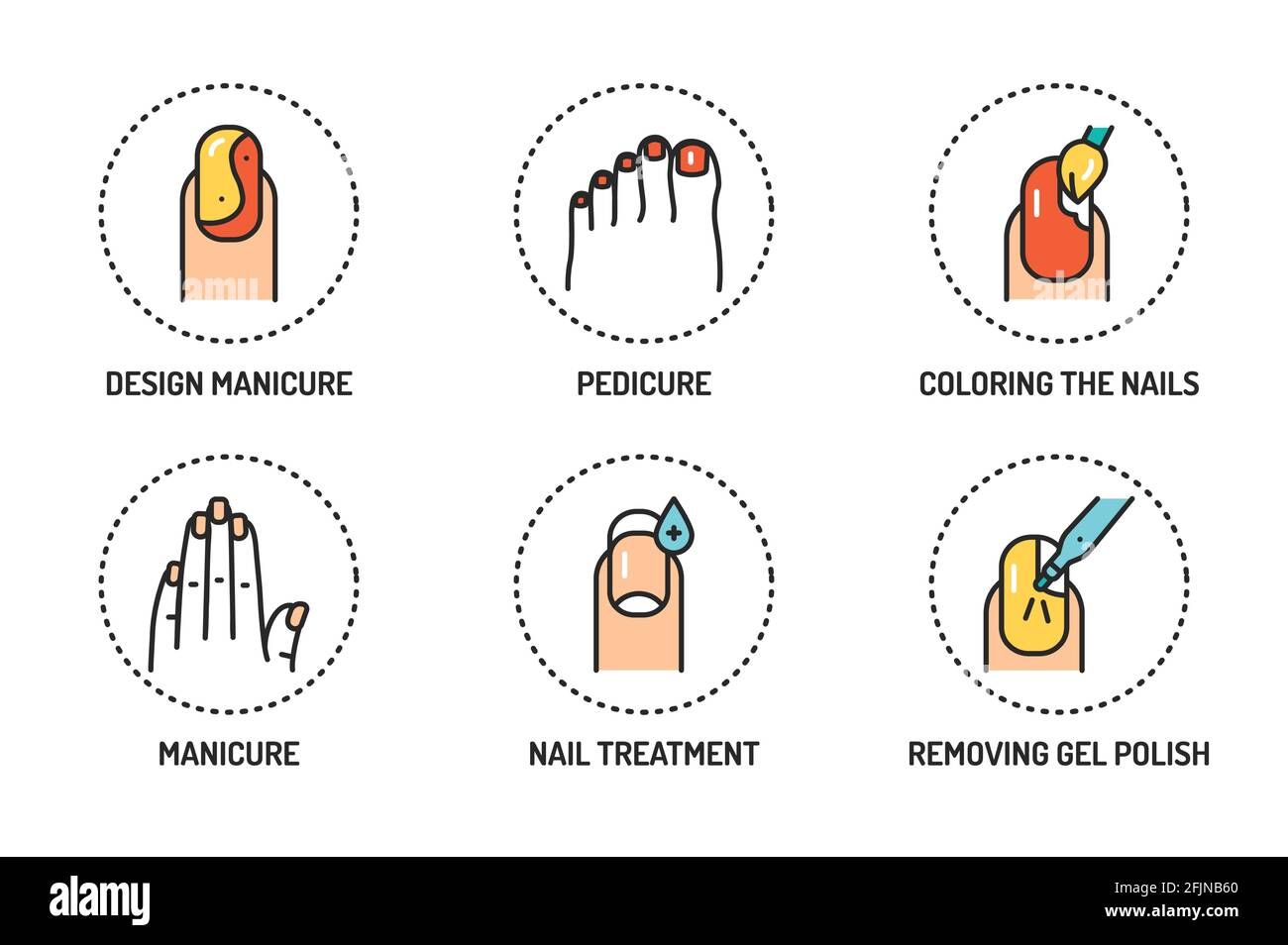 Manicure and pedicure procedures color line icons set. Isolated vector ...