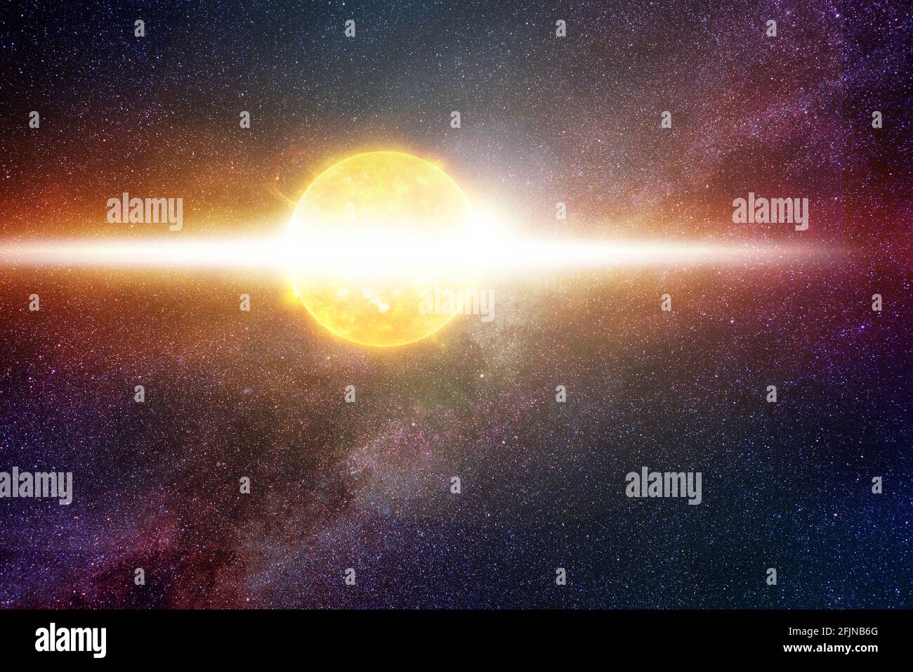 Bright Sun against dark starry sky and Milky Way in Solar System ...