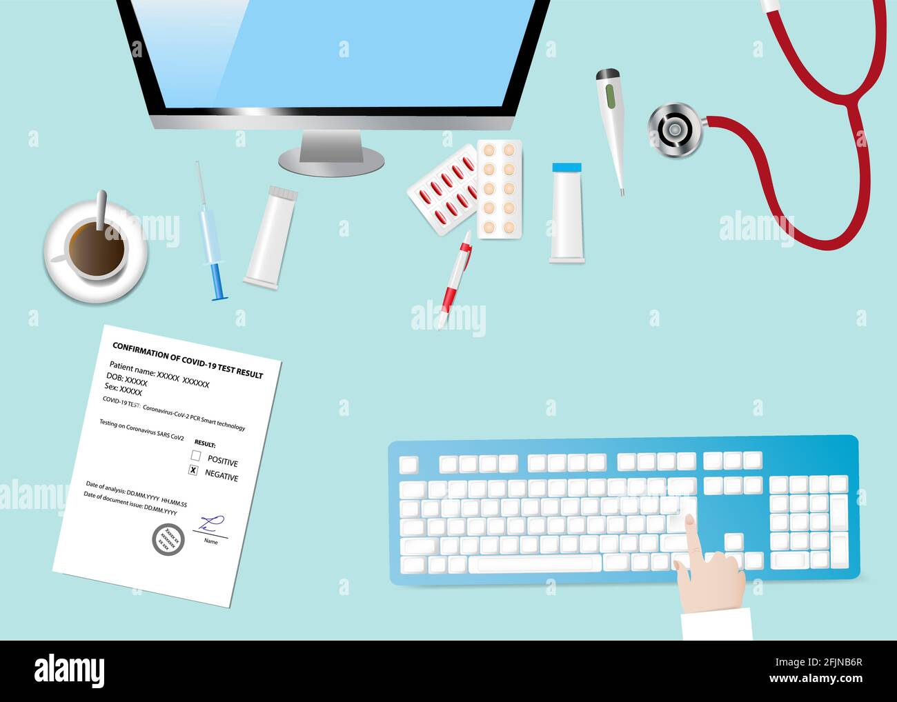 Top view of a medical table with accessories. Finger is touching ...