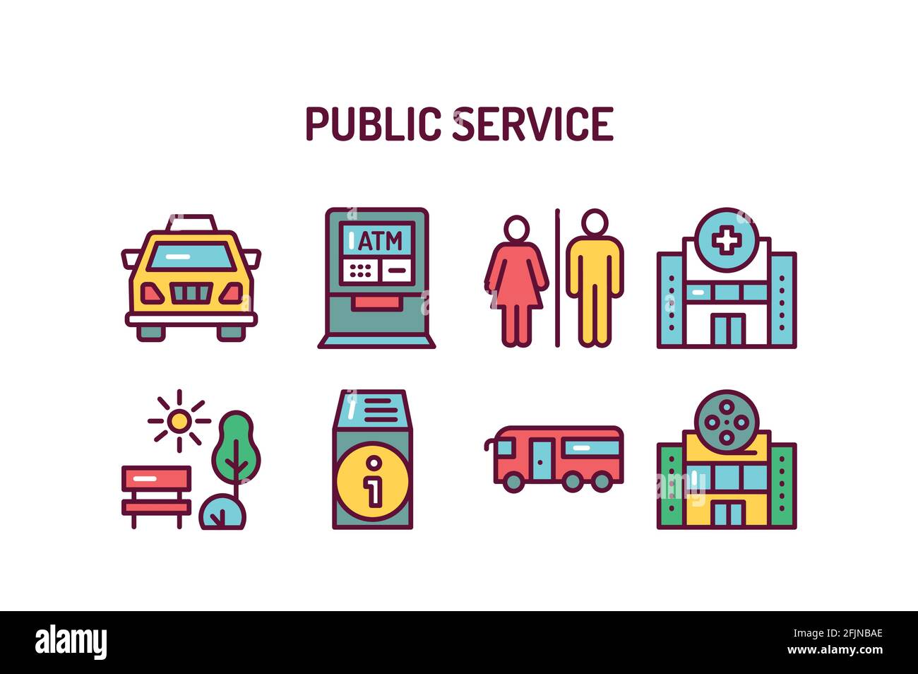 Public services color line icons set. Isolated vector element. Outline pictograms for web page ...