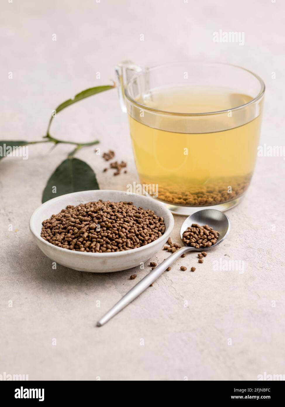 Top view of healthy soba tea and groats of tartary buckwheat Ku Qiao ...