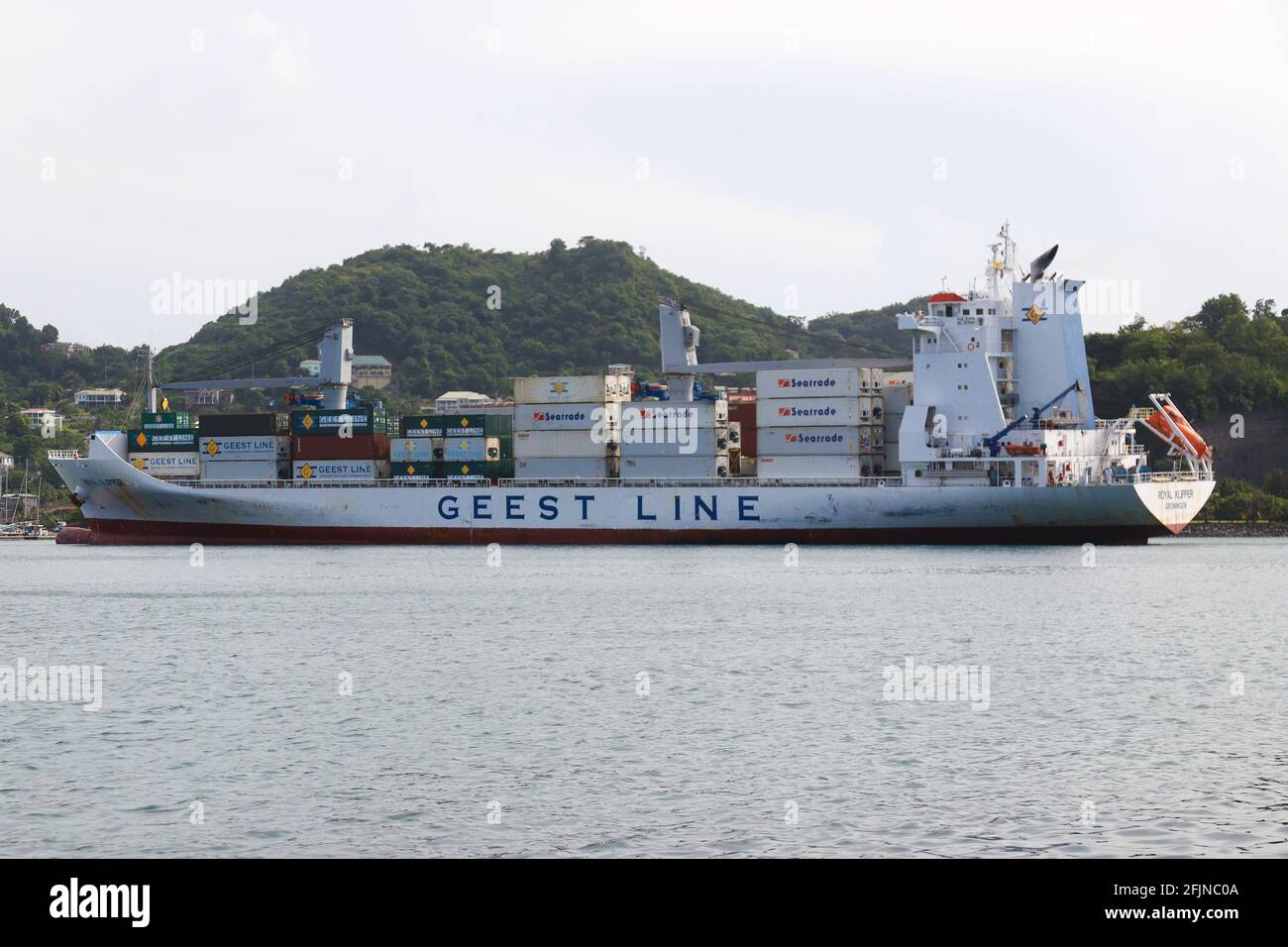 Container ship docked in St. George's Harbour on the Caribbean Island ...