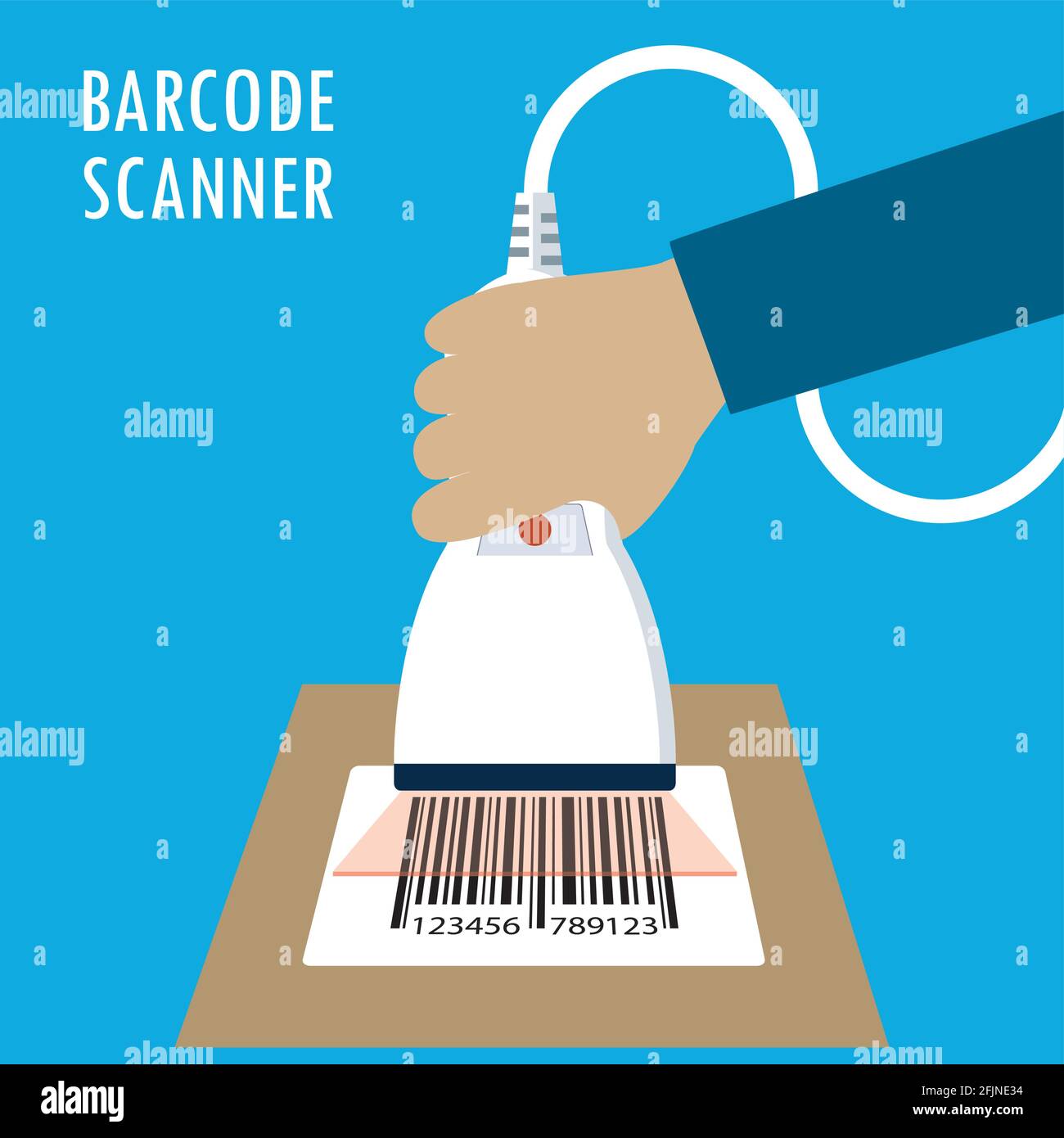 Hand holding white scanner,barcode scan technology,isolated on blue ...
