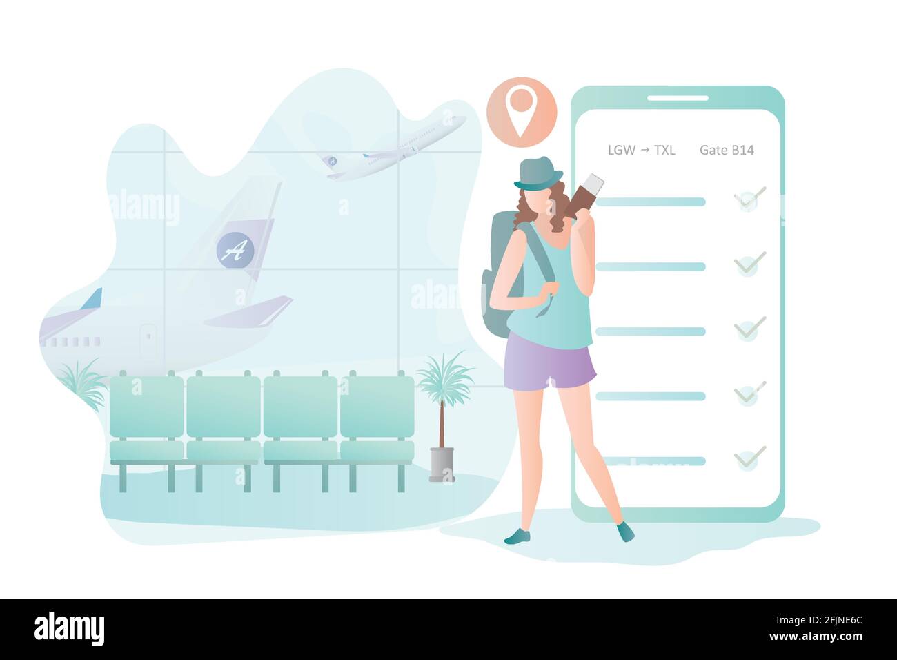 Fashion girl with backpack and tickets,big smartphone with online check ...