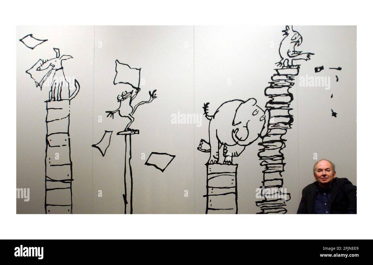 QUENTIN BLAKE IN FROUNT OF A WALL DISPLAY,PART OF HIS EXHIBITION AT ...