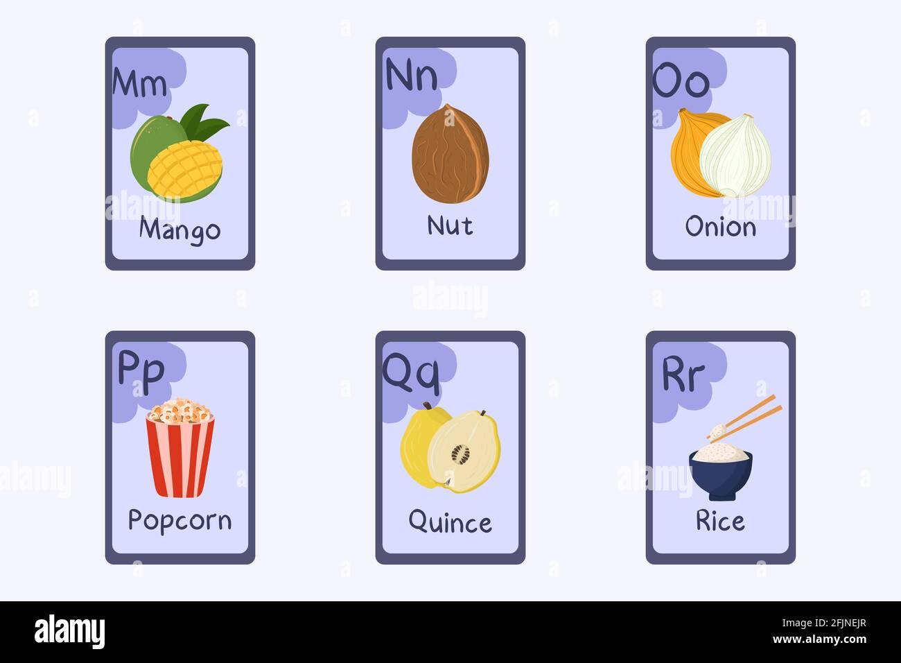 Colorful alphabet flashcard Letter M, N, O, P, Q, R - mango, nut, onion, popcorn, quince, rice ...