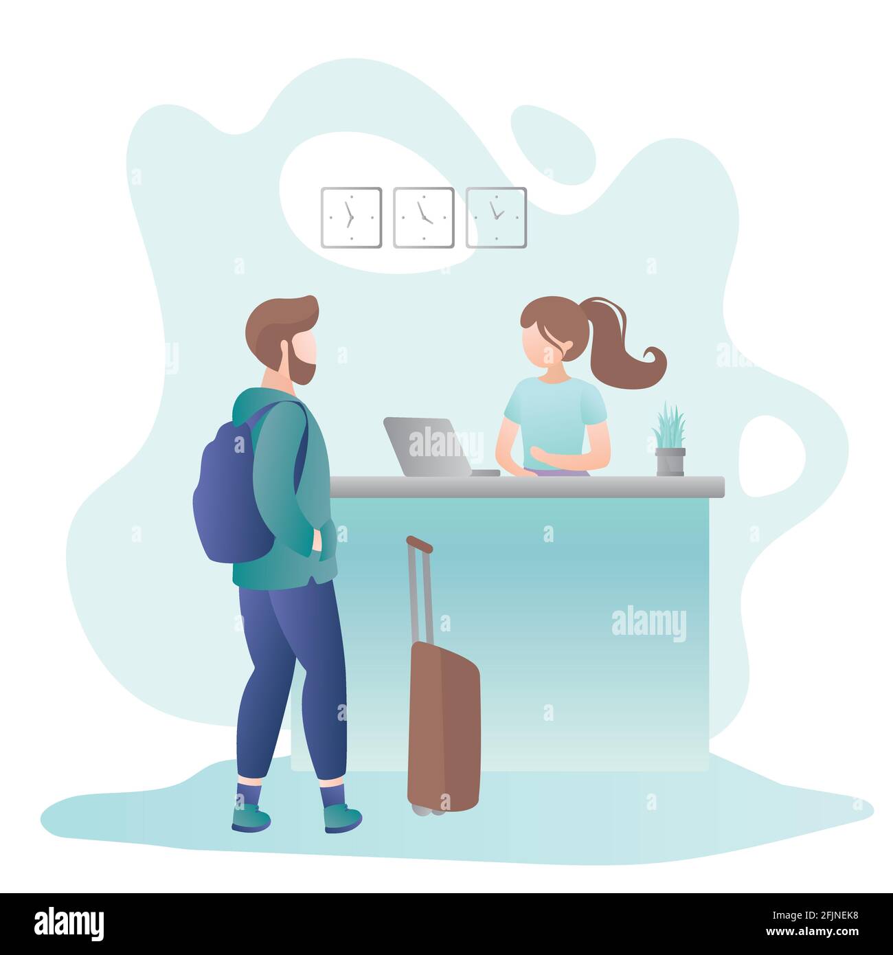 Female receptionist on Reception desk in hotel and male tourist with ...