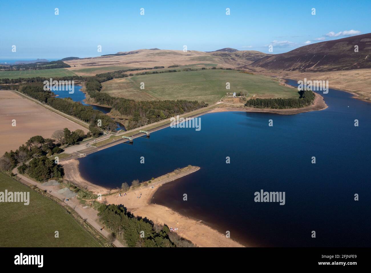 Aerial view of Threipmuir and Harlaw Reservoirs in the Pentland Hills ...