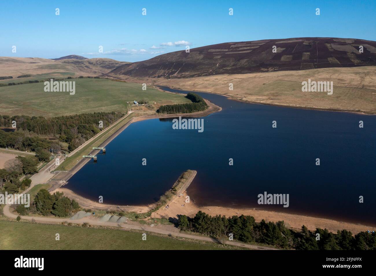 Aerial view of Threipmuir Reservoir located in the Pentland Hills ...