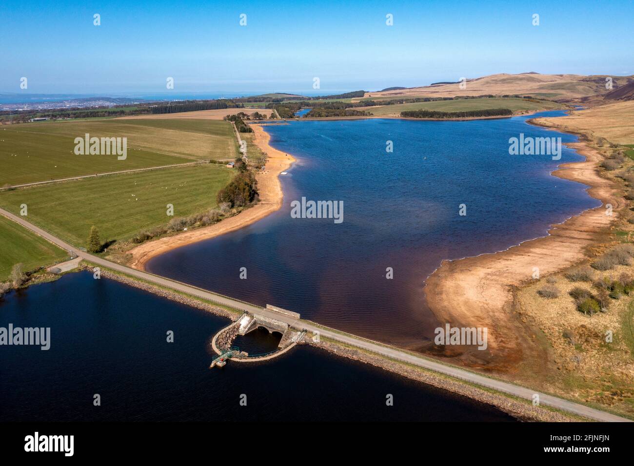 Aerial view of Threipmuir Reservoir located in the Pentland Hills ...