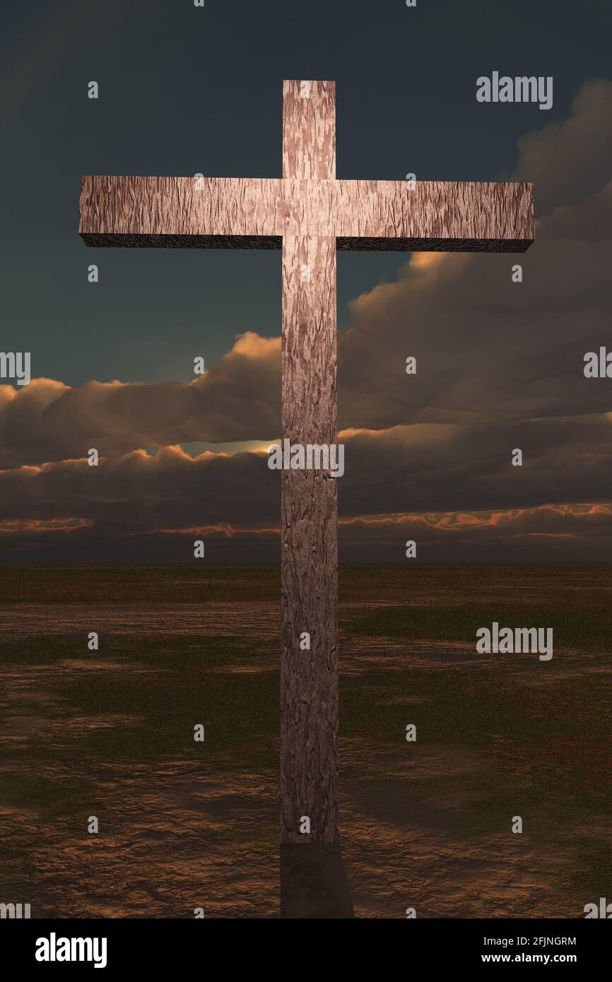 Cross in surreal landscape. 3D rendering Stock Photo - Alamy