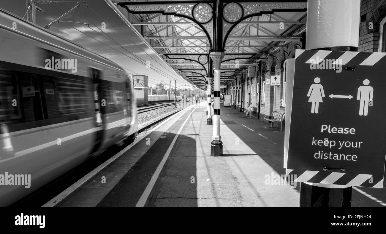 Covid 19 safety sign at Retford station the Grade II listed building in ...