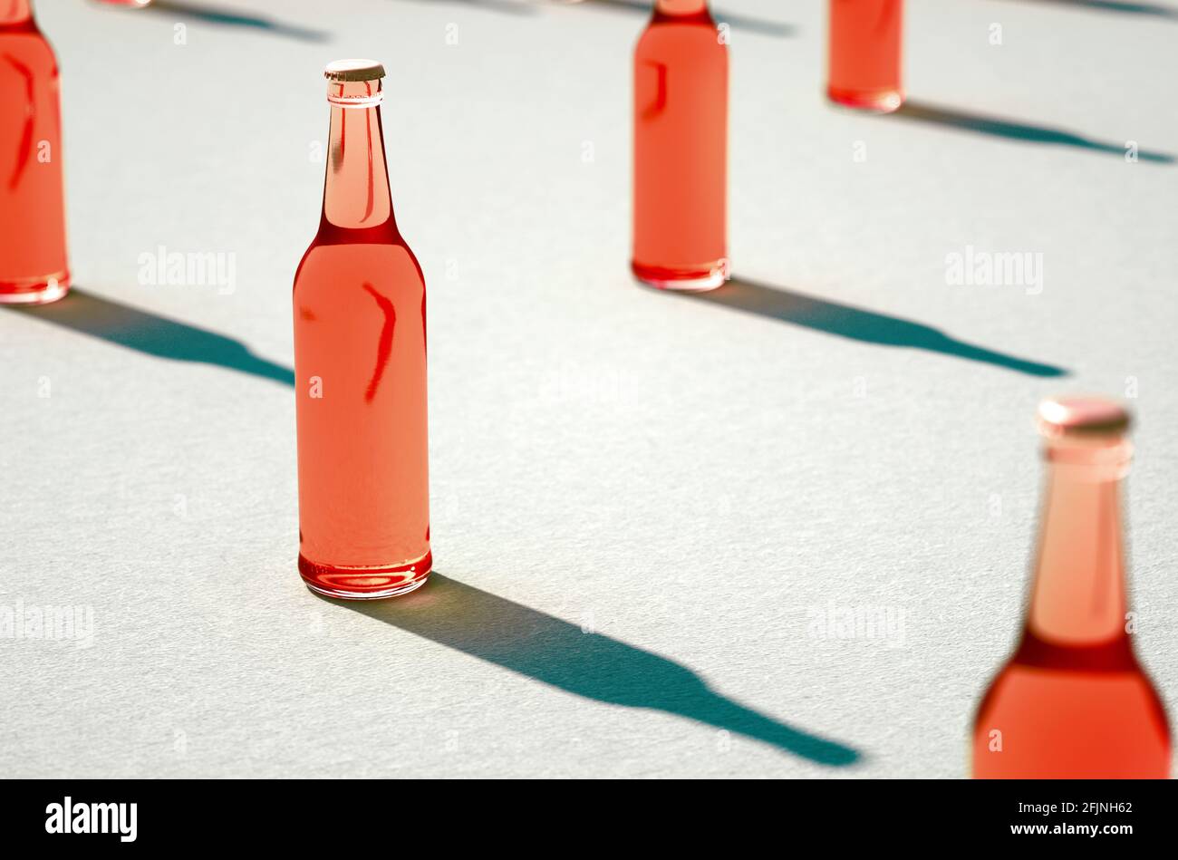 Various red glass bottles with shadows on blue background. 3d models of ...