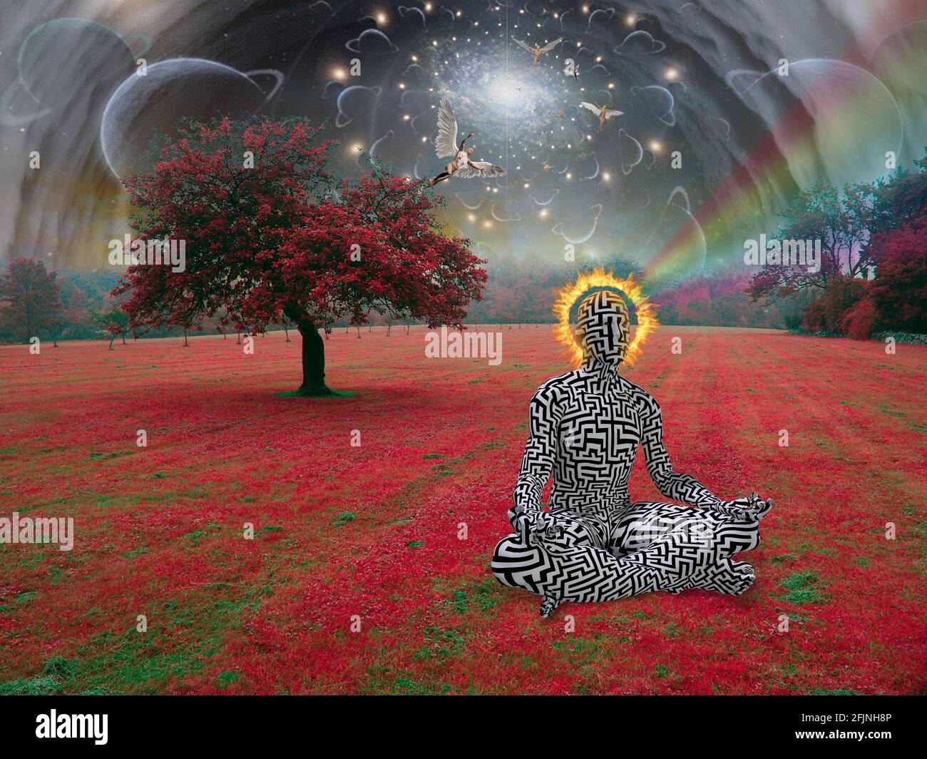 Man meditates in lotus pose in surreal landscape. Angels in the sky. 3D ...