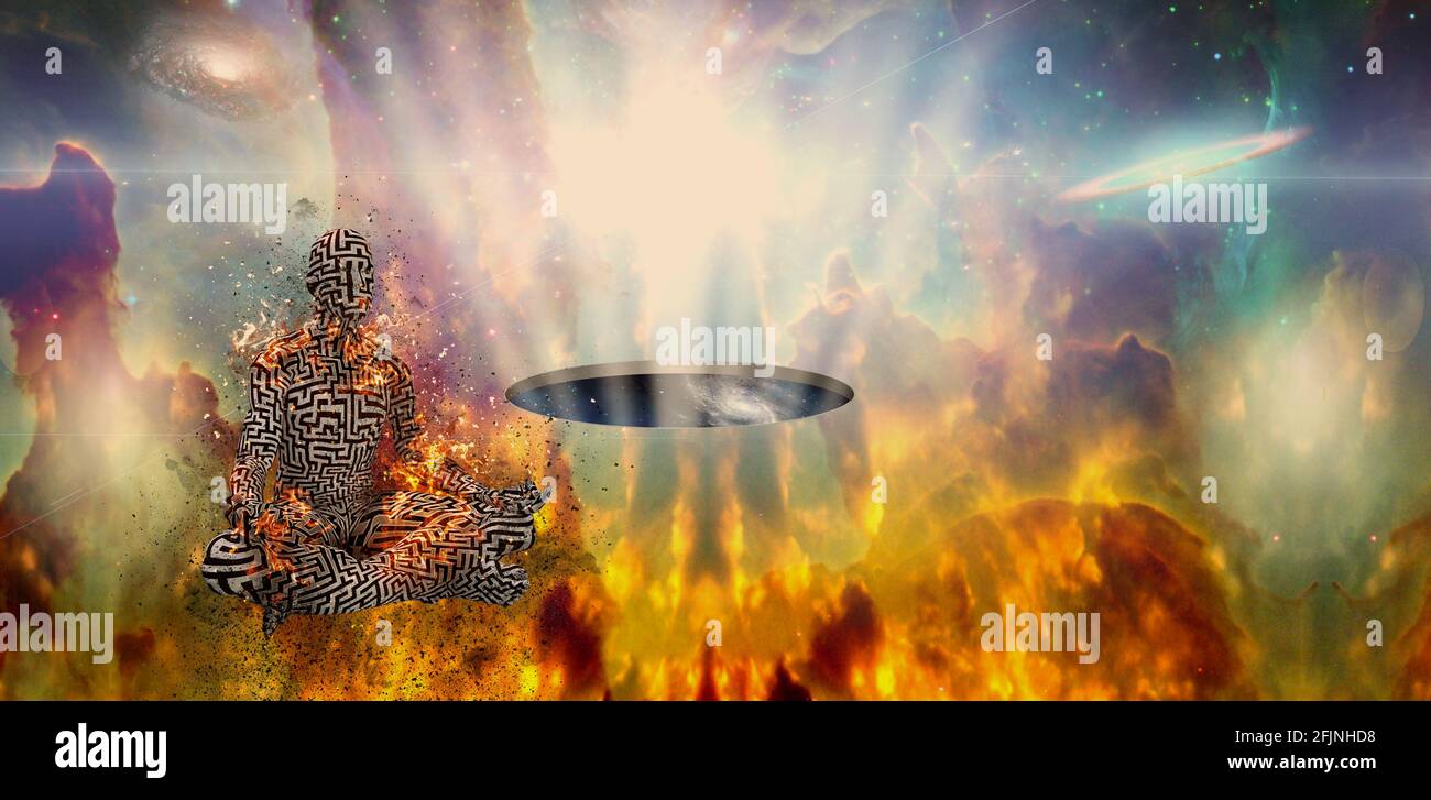 Burning man with maze pattern meditates in lotus pose. 3d rendering ...