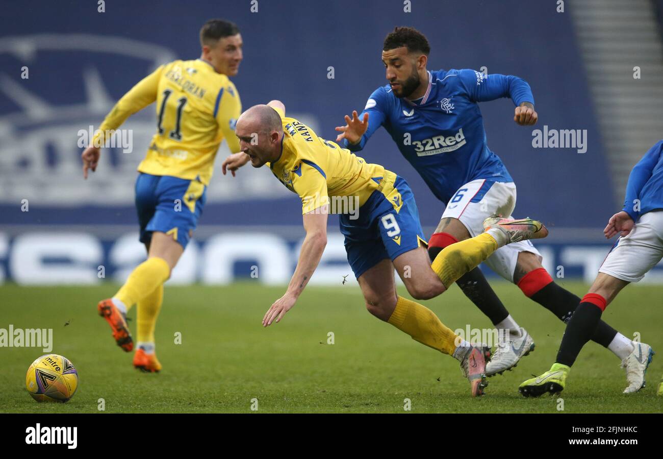 St Johnstone's Christopher Kane (left) and Rangers' Connor Goldson ...