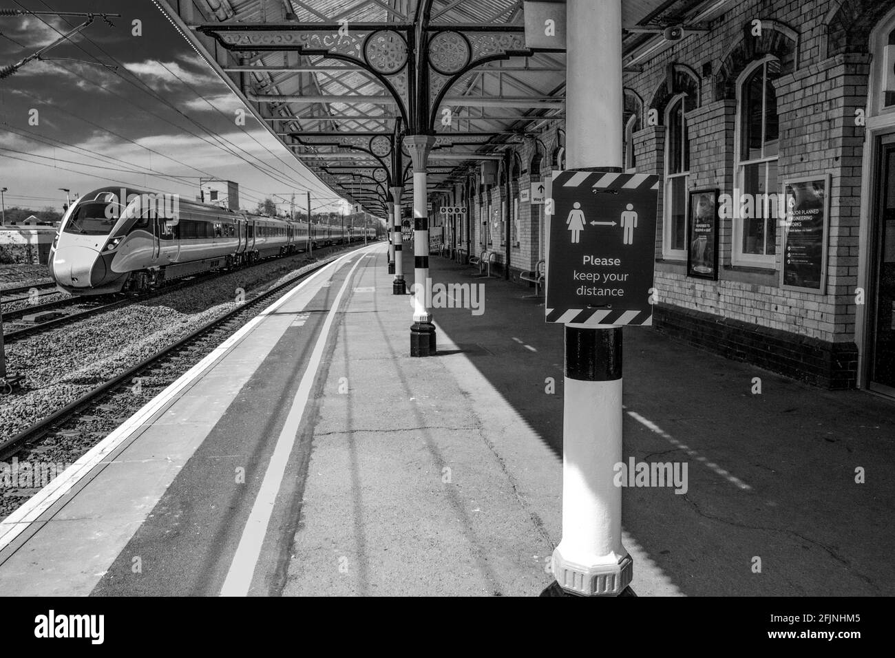 Covid 19 safety sign at Retford station the Grade II listed building in ...