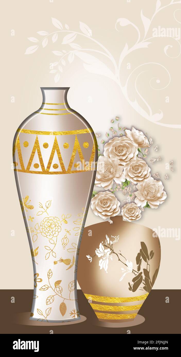 3d illustration vase with golden flowers in light background Stock ...