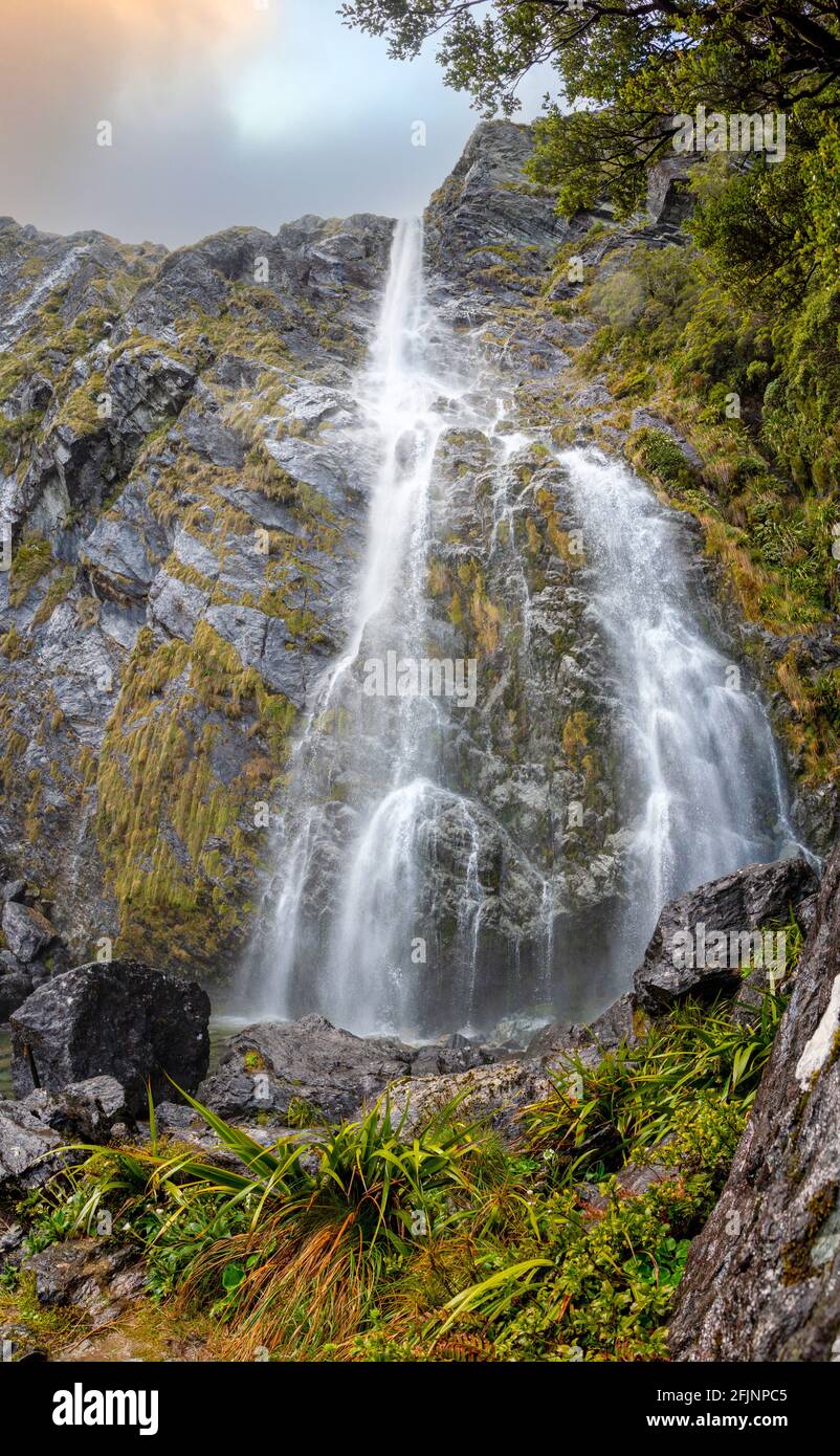 Earland Falls at the famous Routeburn Track, Fiordland National Park ...