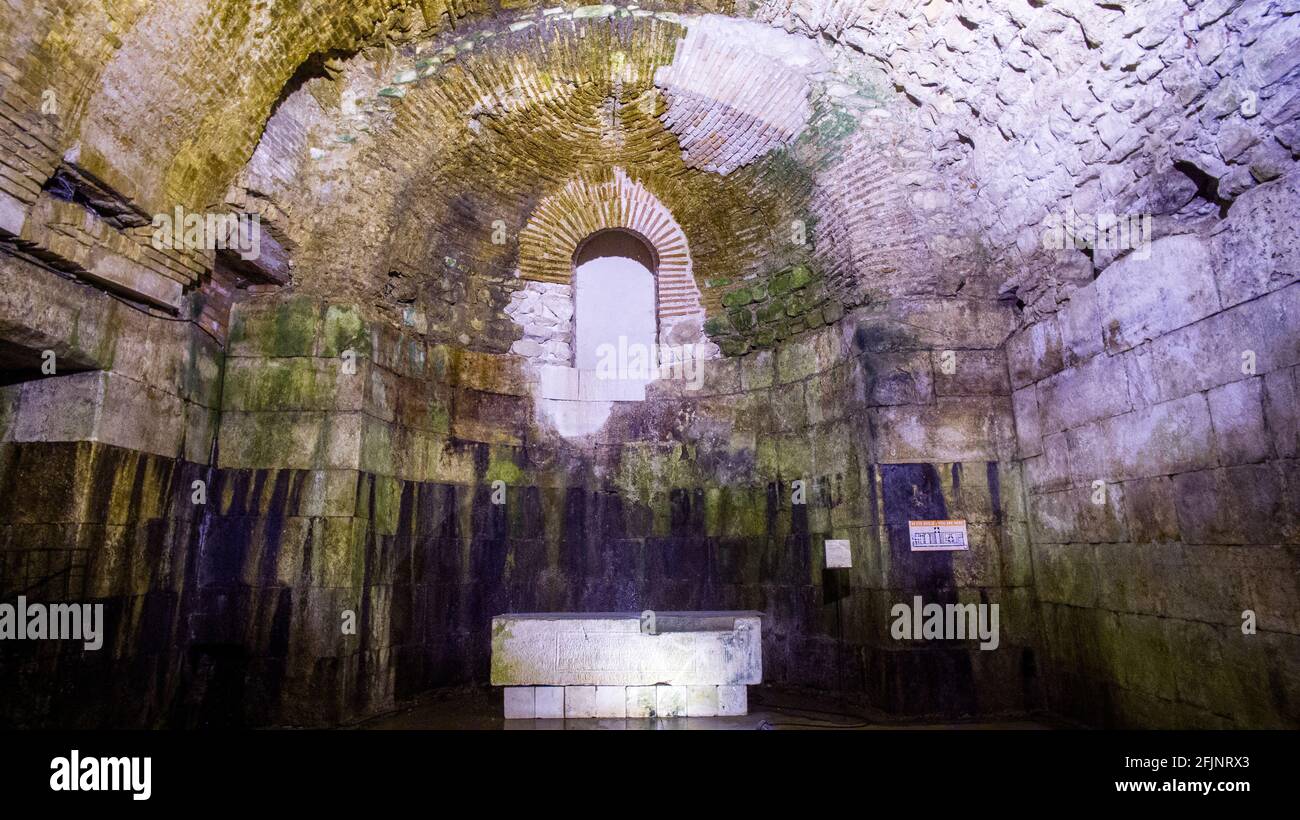 Diocletian's Palace, underground city of Split. Croatia. Bearing walls, columns and arches under ...