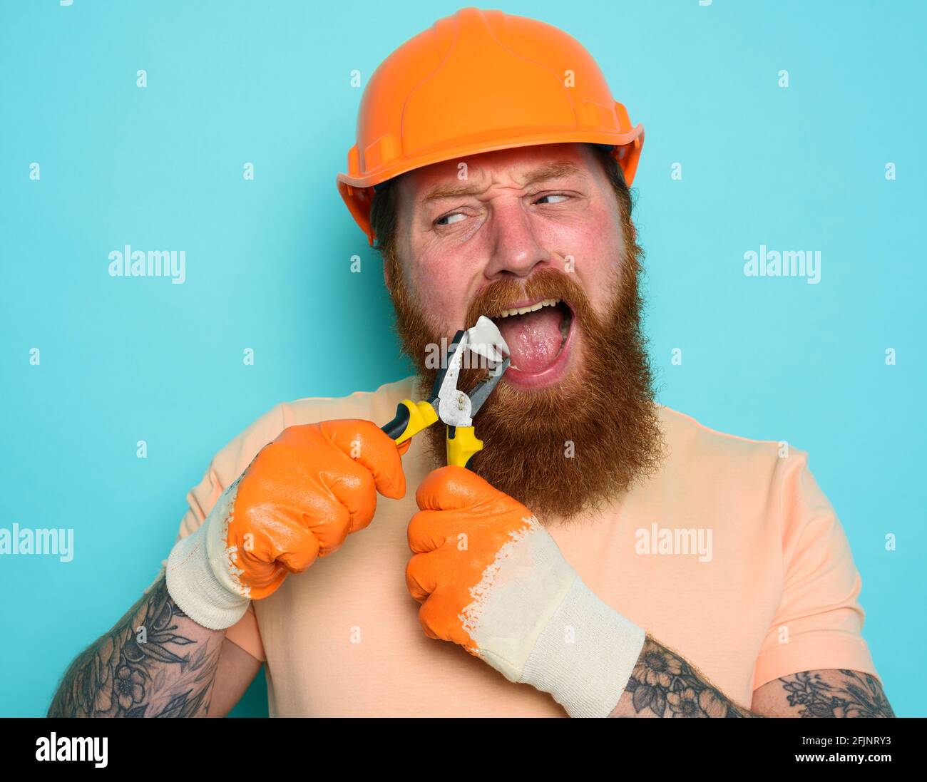 Incompetent worker acts like a dentist and removes a tooth. cyan ...