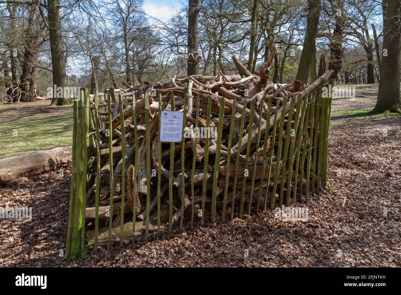 A log pile, built to create a habitat for wildlife like insects, small ...