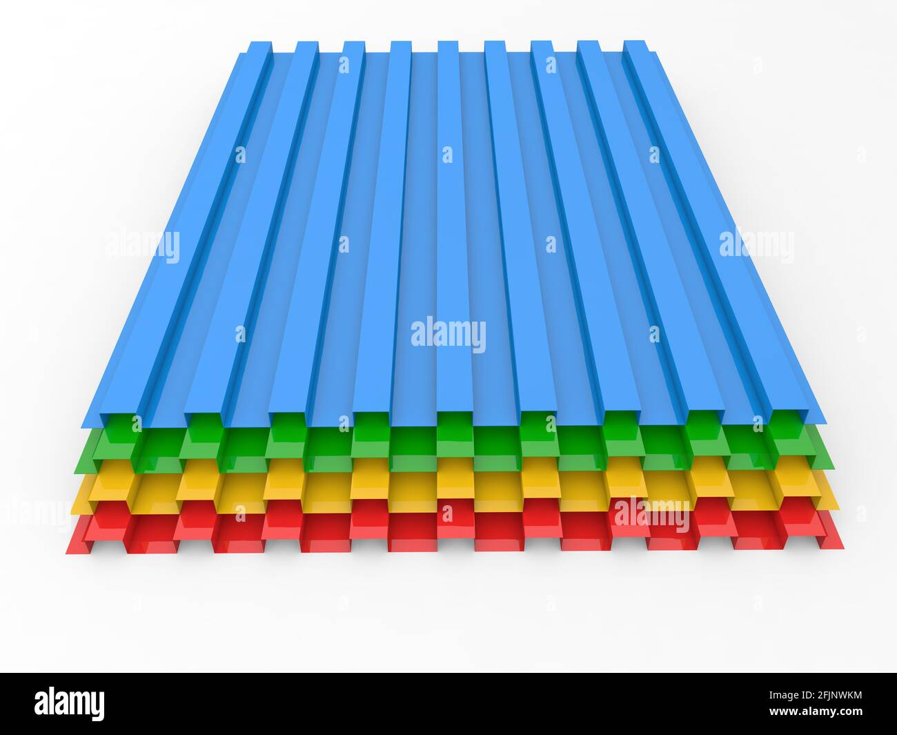 Sheets of metal roofing profile on a white background. 3d render ...