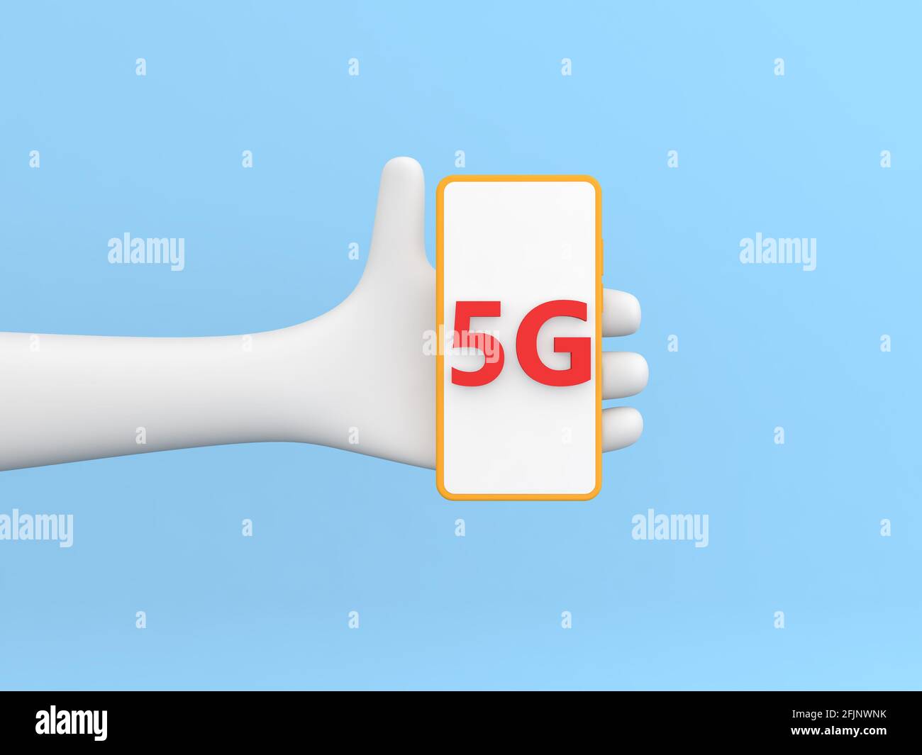Hand holds 5G smartphone on blue background. 3d render illustration ...