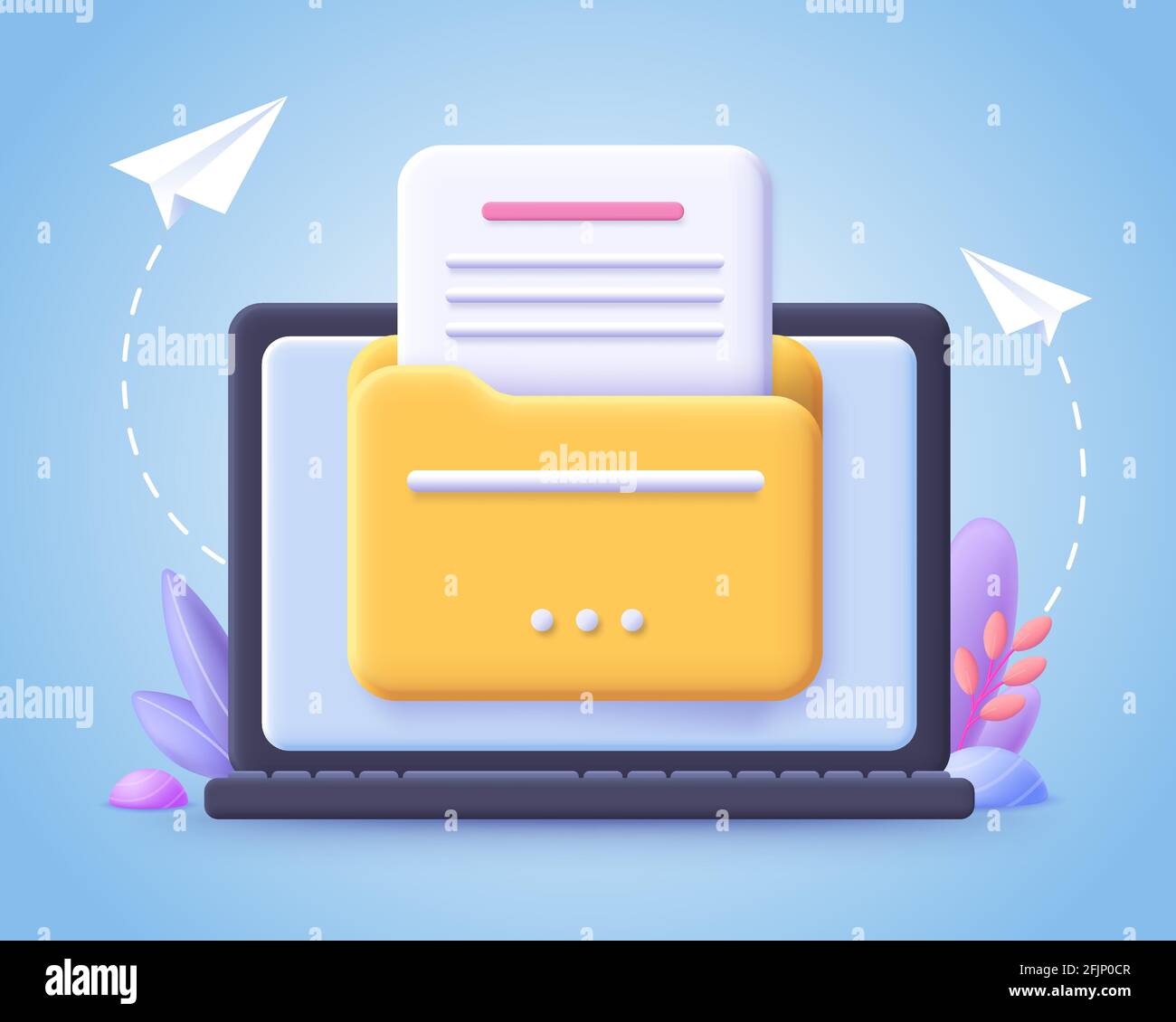 File transfer concept. Yellow folder with document on computer monitor. 3d vector illustration ...