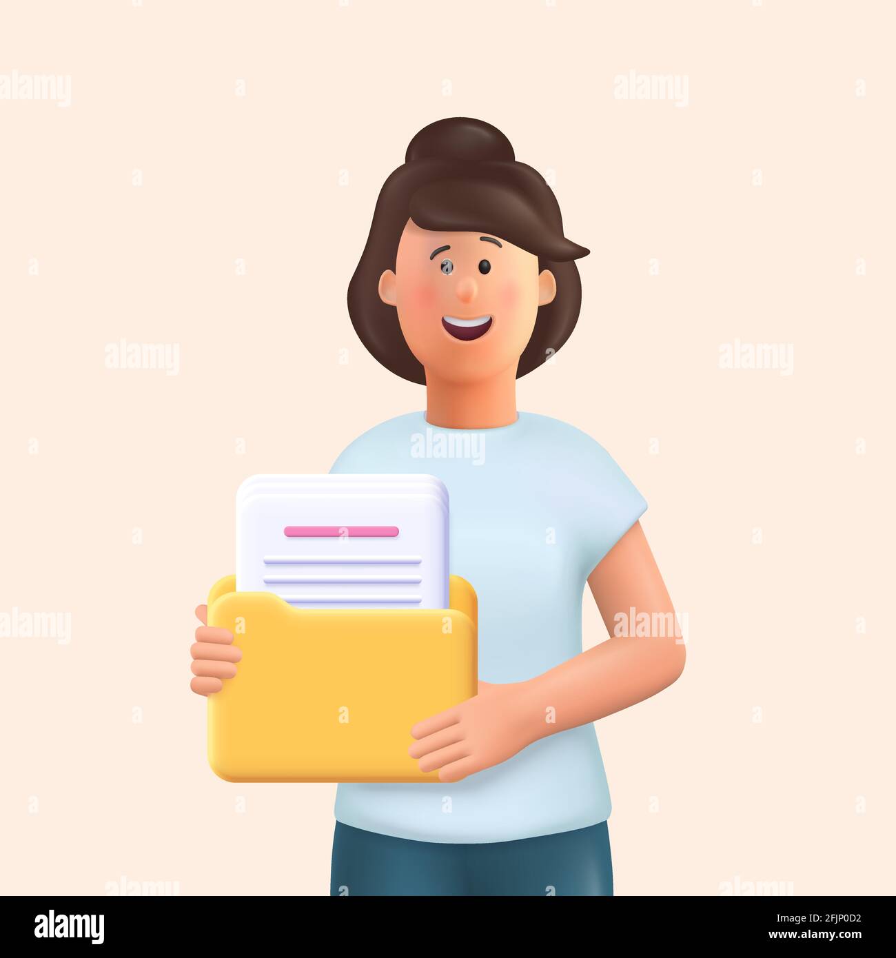 3D cartoon character. Young woman holding a folder with file or ...