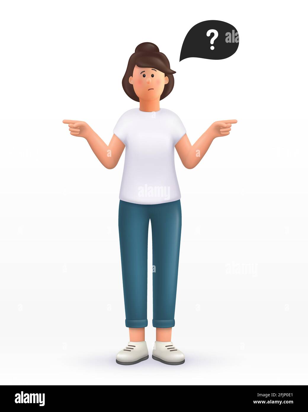 3D cartoon character. Young woman standing, choosing between two ways ...