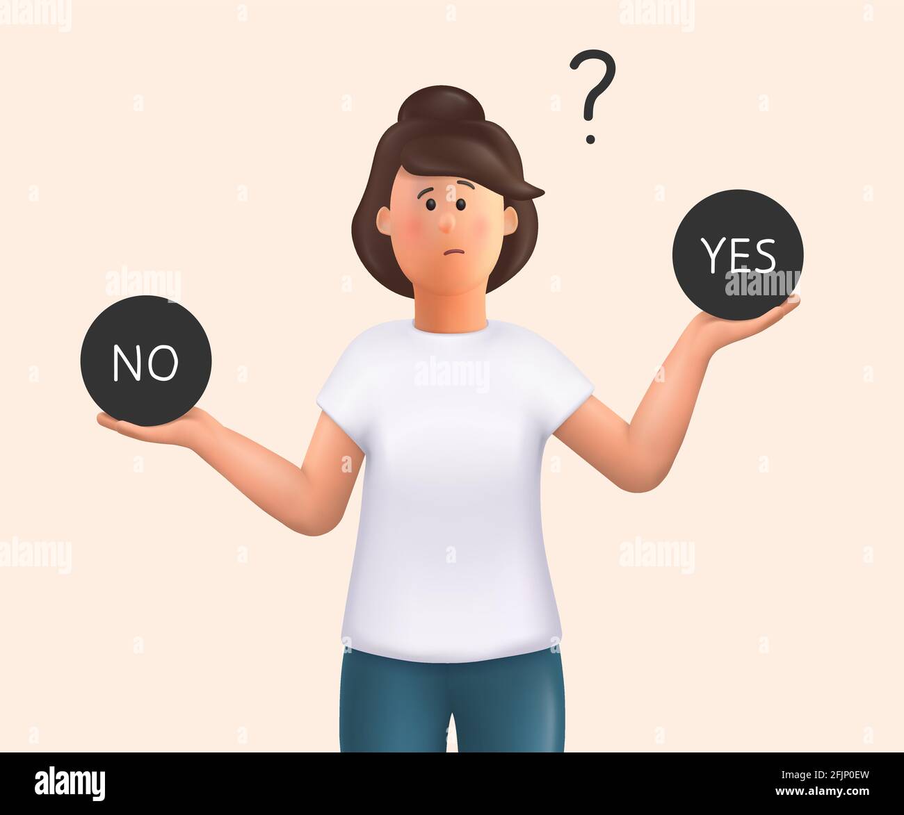 3D cartoon character. Young woman standing confusedly to choose yes or ...
