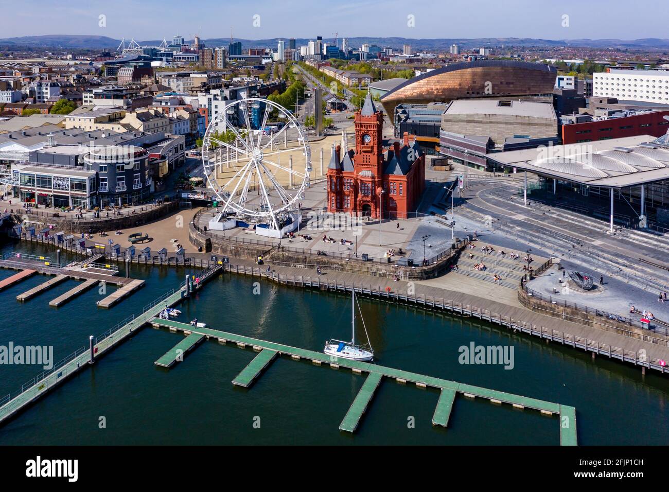 Aerial view of the landmarks of Cardiff Bay, Wales including the Welsh ...