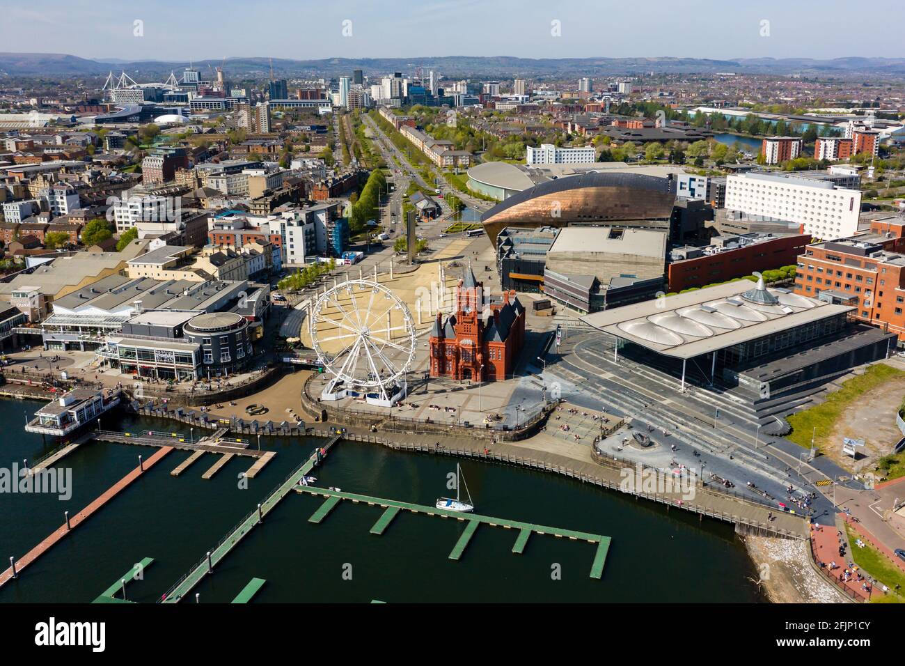 Aerial view of the landmarks of Cardiff Bay, Wales including the Welsh ...