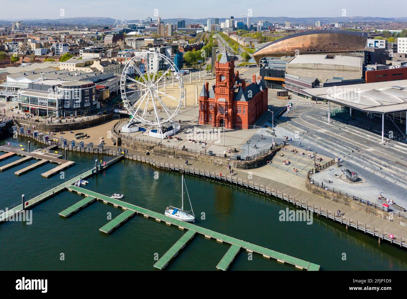 Aerial view of the landmarks of Cardiff Bay, Wales including the Welsh ...