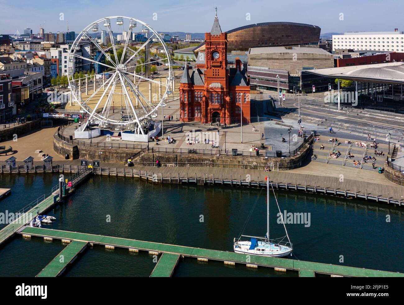 Aerial view of the landmarks of Cardiff Bay, Wales including the Welsh ...