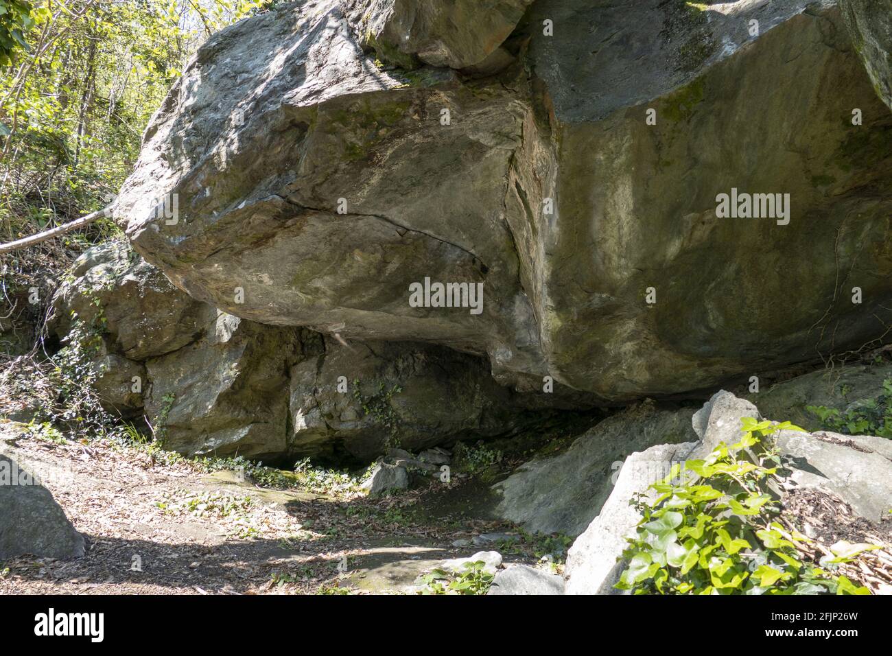 A pathway surrounded by giant rocks in the woods Stock Photo - Alamy