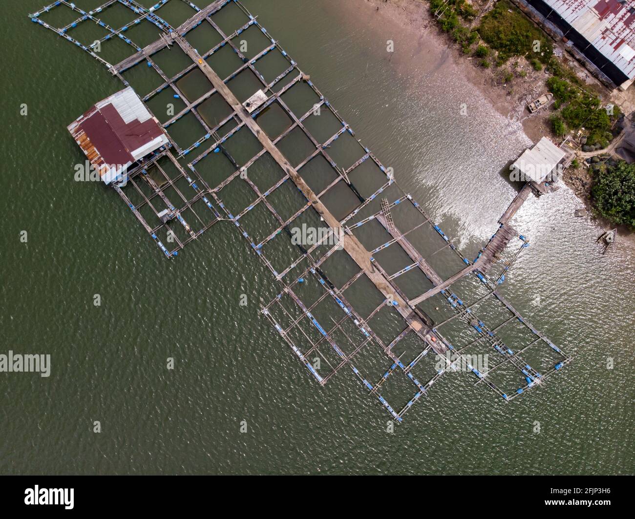 Aerial Drone image of cages of a large fish farm Stock Photo - Alamy