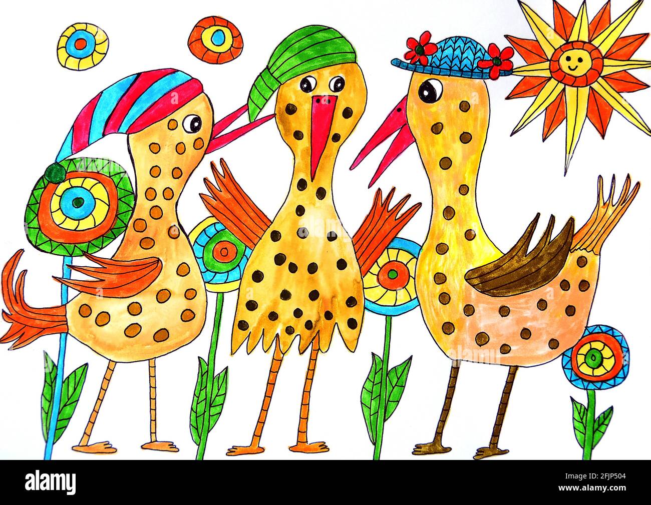 Three colorful birds, white background, naive illustration, Germany ...