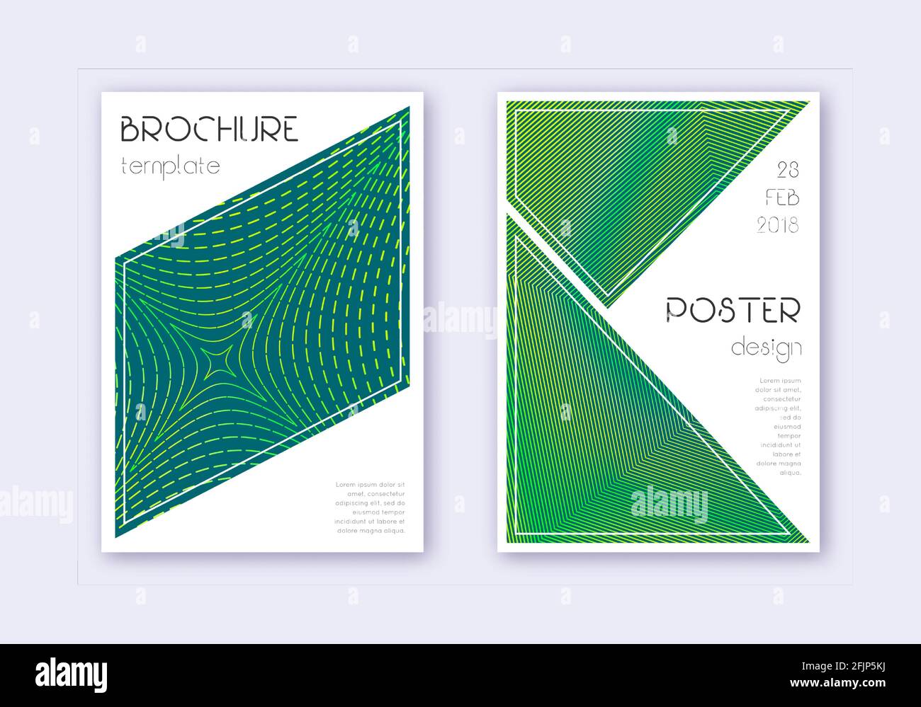 Triangle cover design template set. Green abstract lines on dark ...