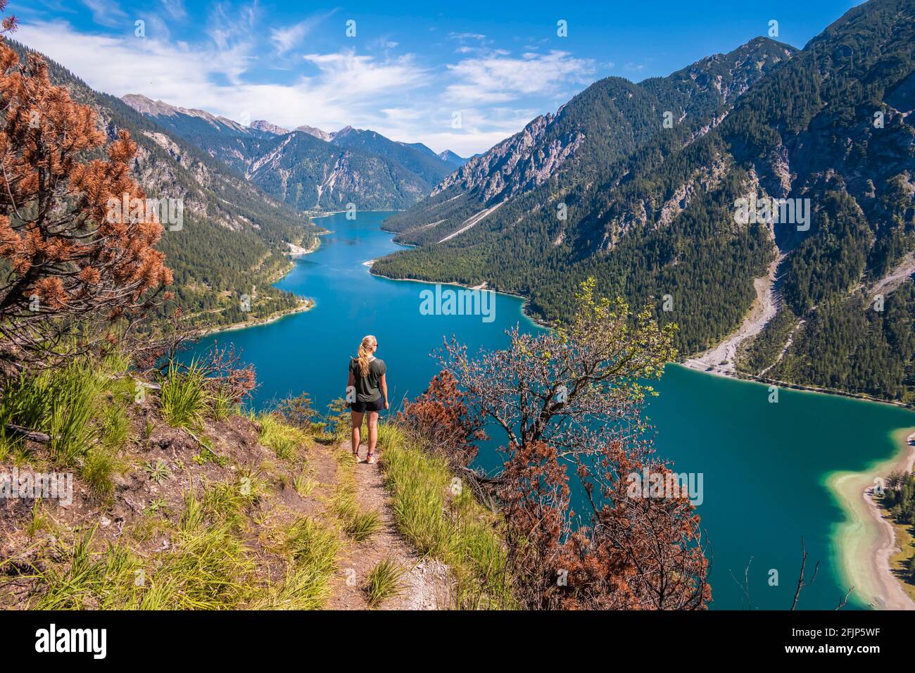 Hiker walking at Plansee, mountains with lake, Ammergau Alps, district ...