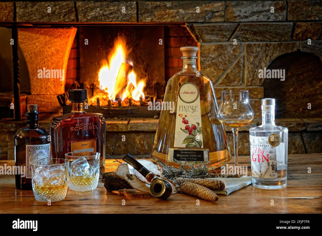 Various spirits with pipe in front of a burning fireplace with fire ...